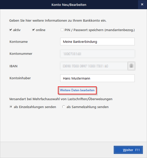 Synchronisierung, Kontoinformationen aktualisieren, Bearbeitung vorhandener Bankverbindungen ...