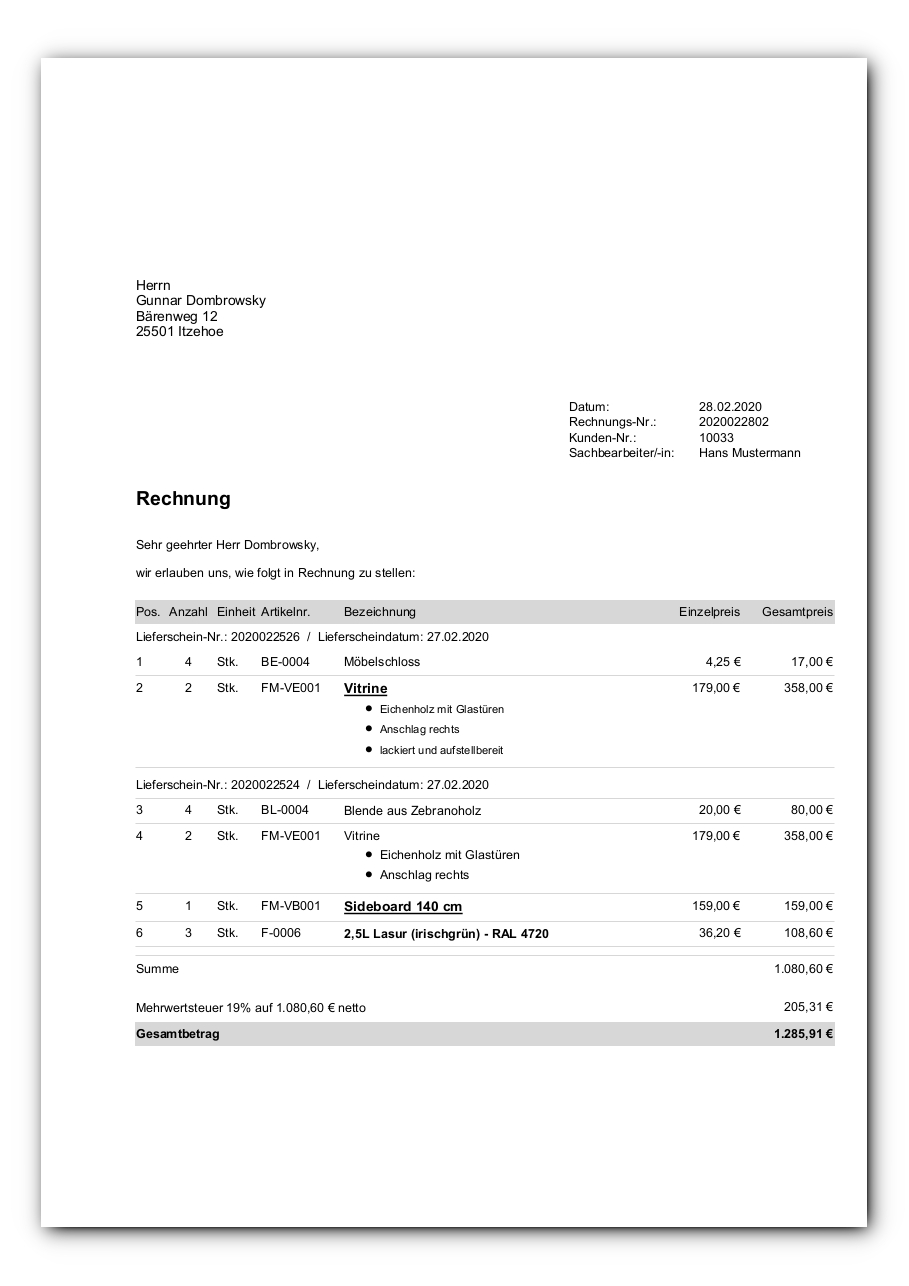 Rechnung gruppiert nach Lieferscheinnummer