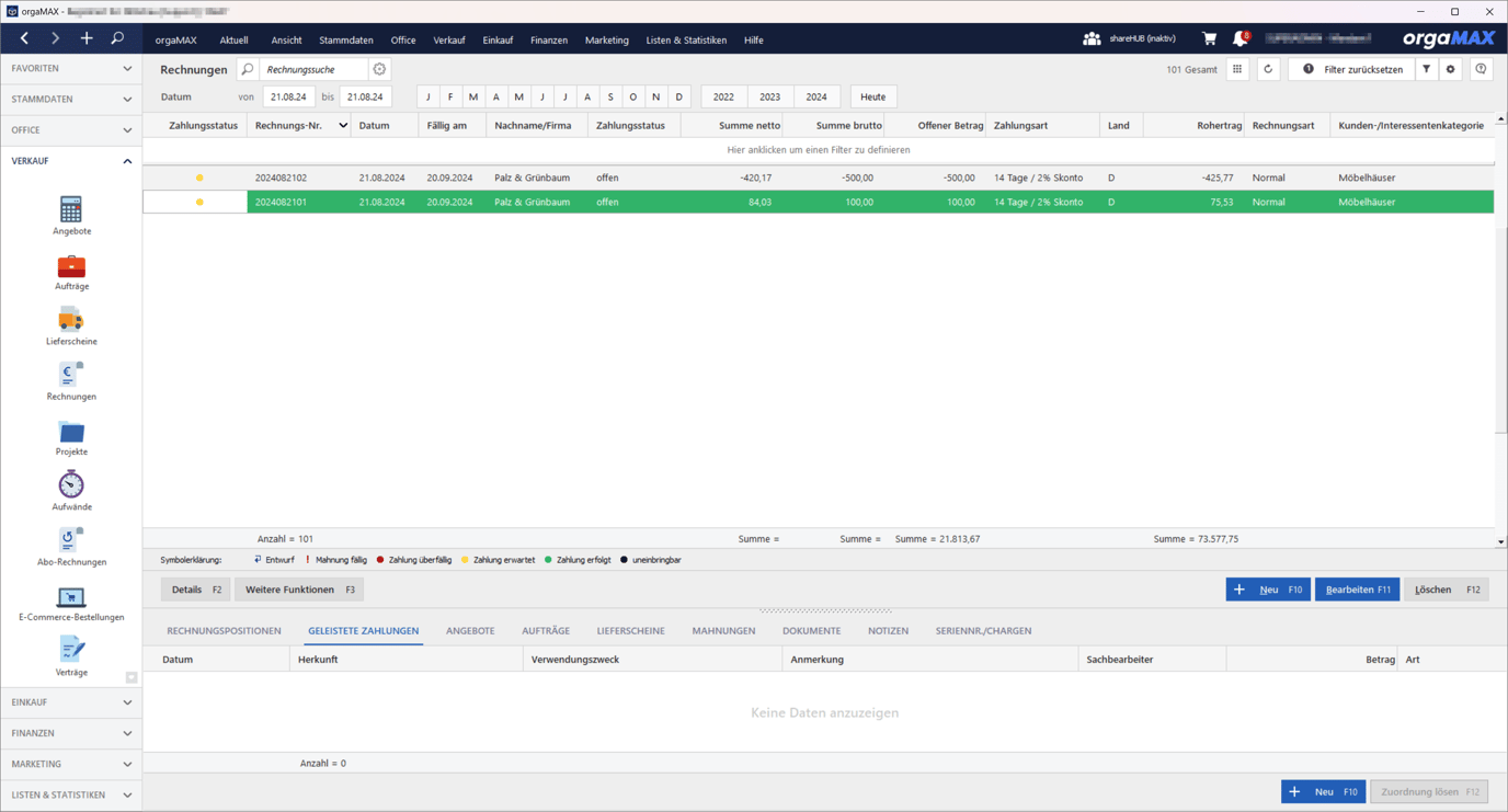 Verbuchung einer Rechnung mit einer Gutschrift