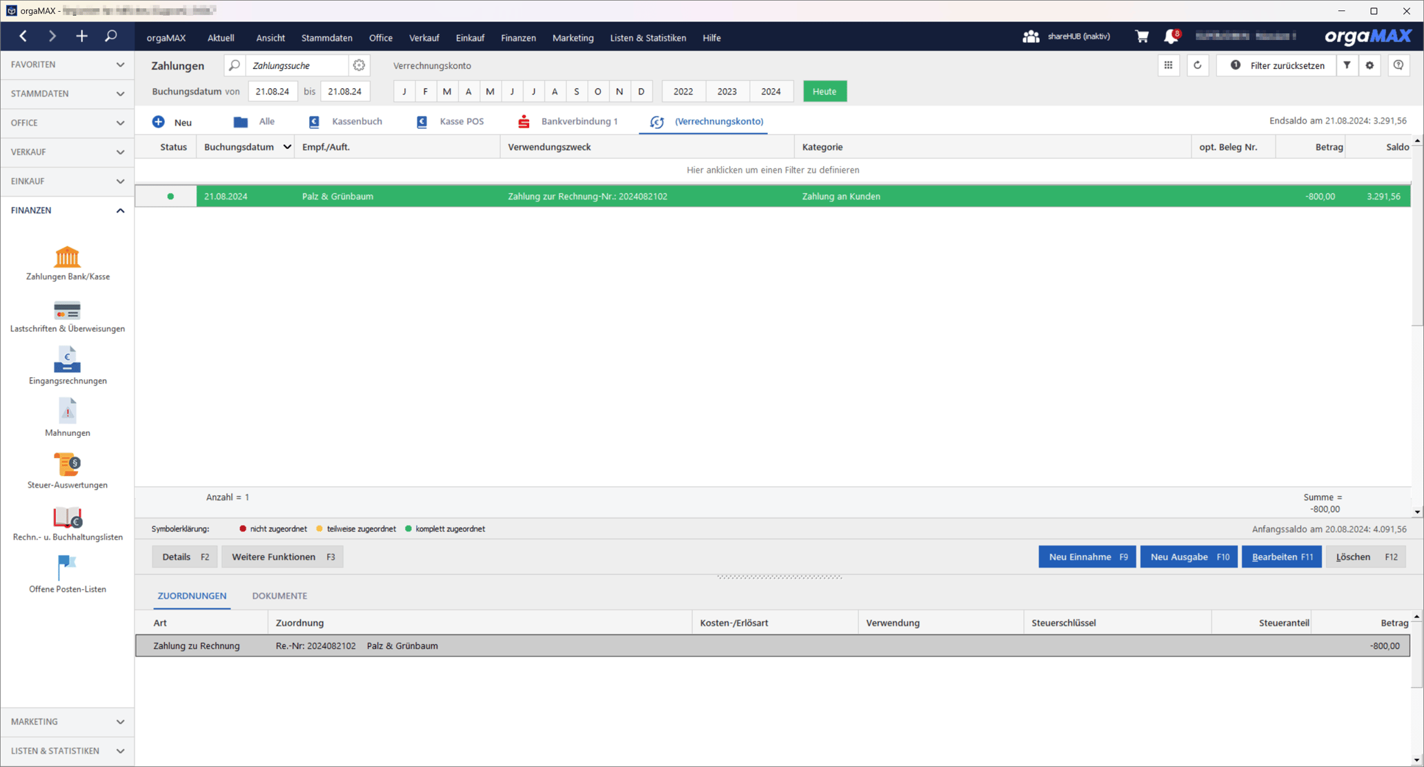 Verbuchung einer Rechnung mit einer Gutschrift