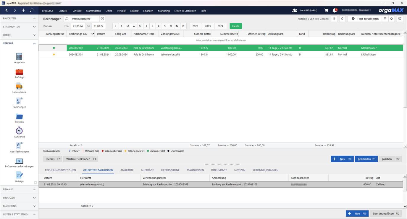 Verbuchung einer Rechnung mit einer Gutschrift